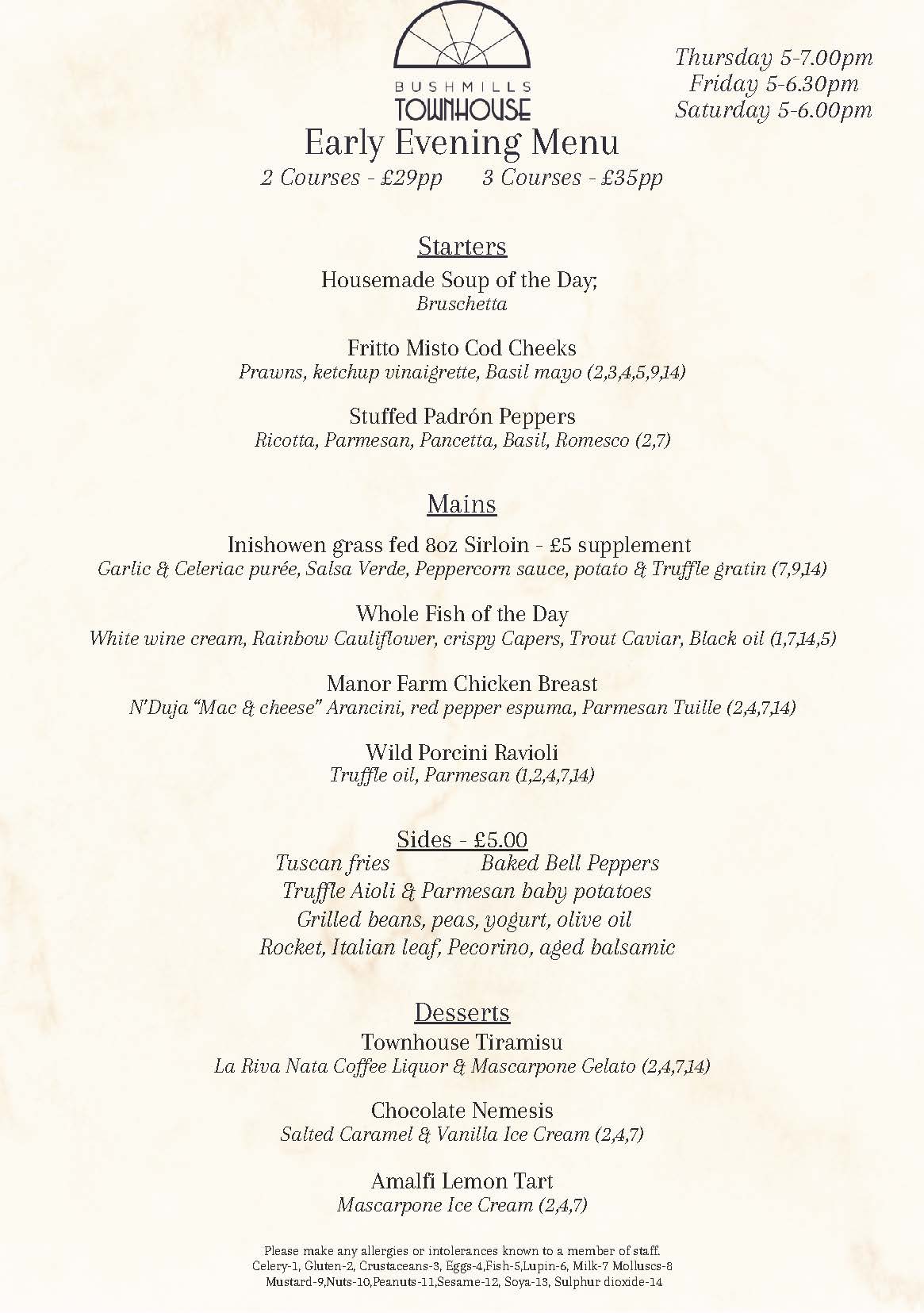 Early Evening Menu - Bushmills Townhouse