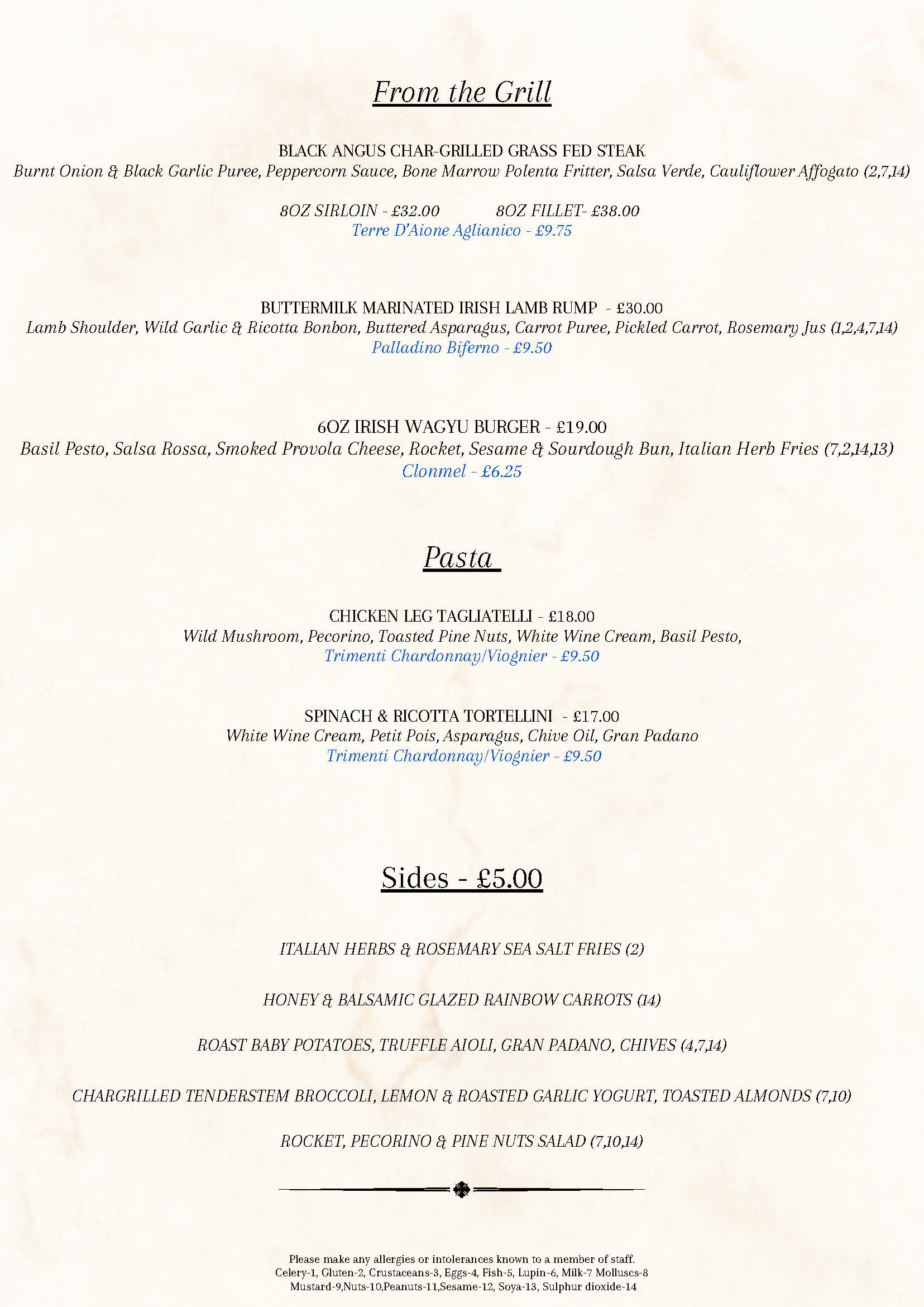 Dinner Menu - Bushmills Townhouse