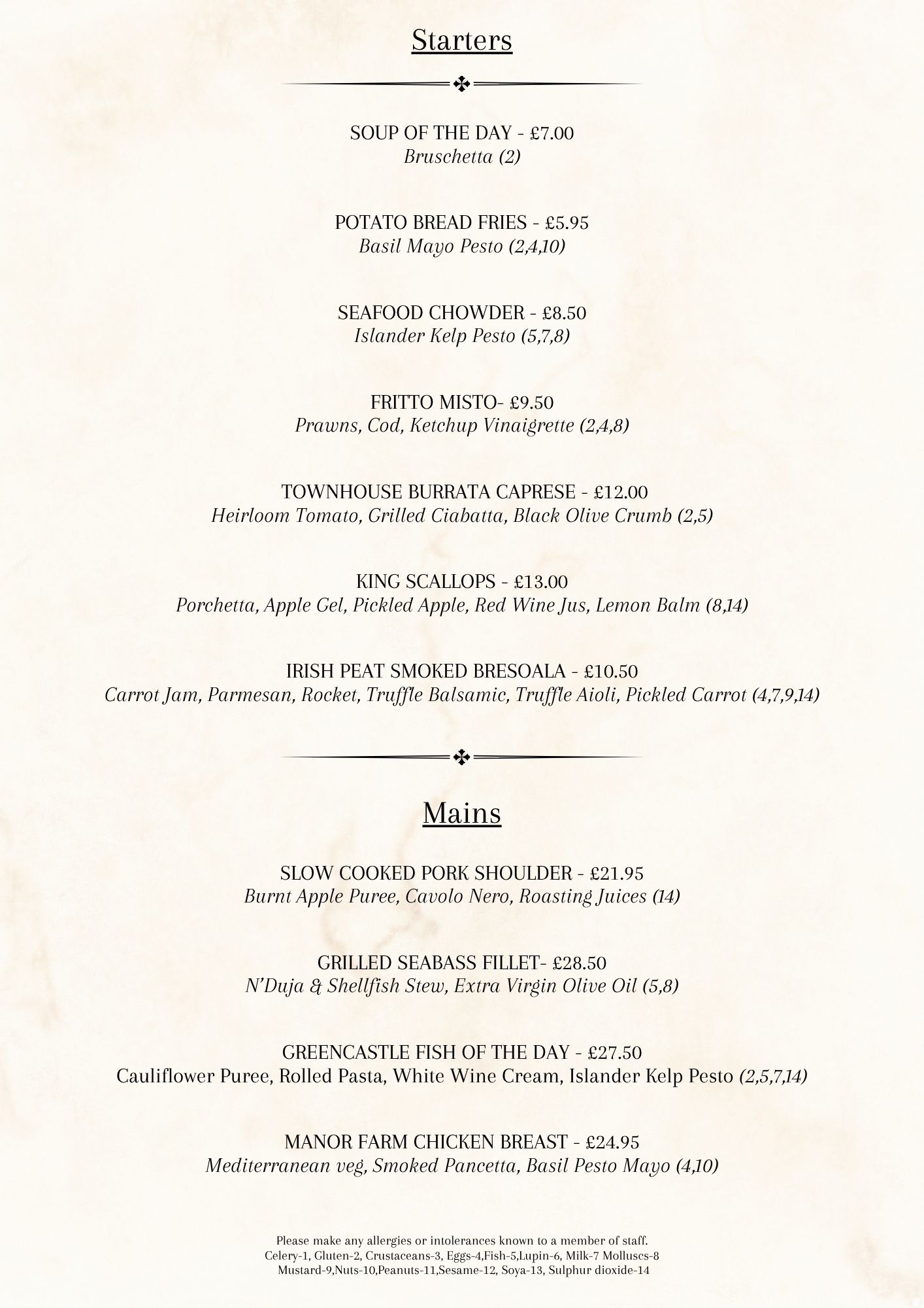 Dinner Menu - Bushmills Townhouse