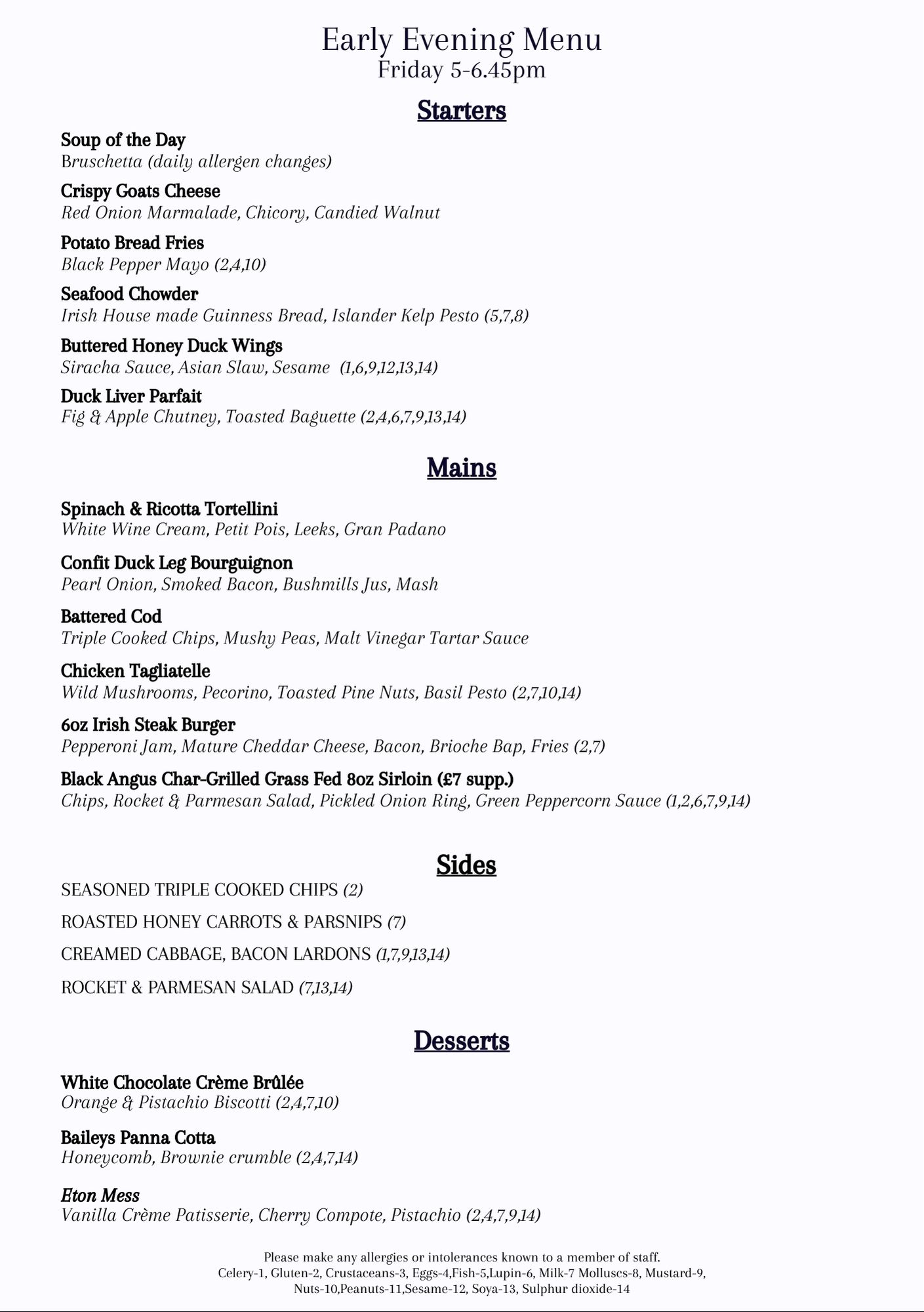 Early Evening Menu - Bushmills Townhouse